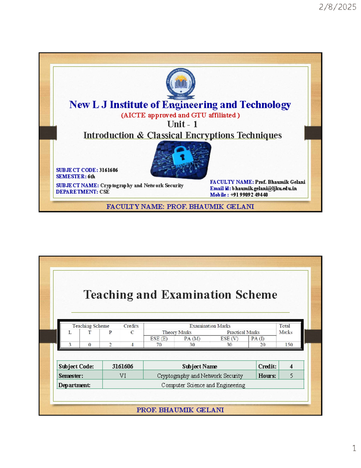 Unit 1: Intro to Classical Encryption Techniques in Cryptography (CSE 3161606) - Studocu