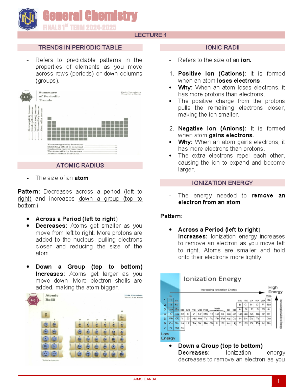 Chem 1324 Finals: Trends in Periodic Table & Ionic Radii - Studocu