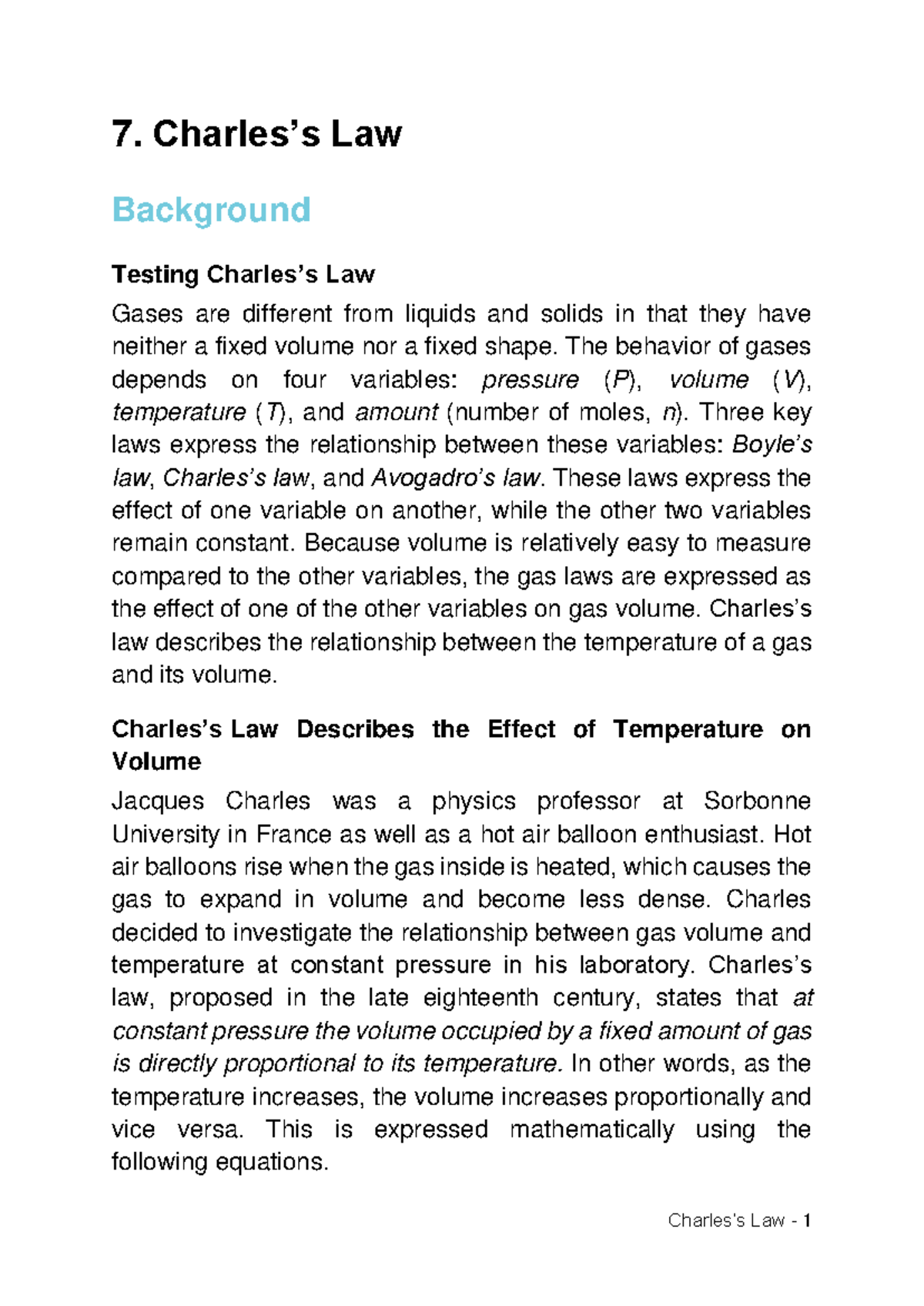 Lab Manual: Understanding Charles's Law in Gas Volume and Temperature ...