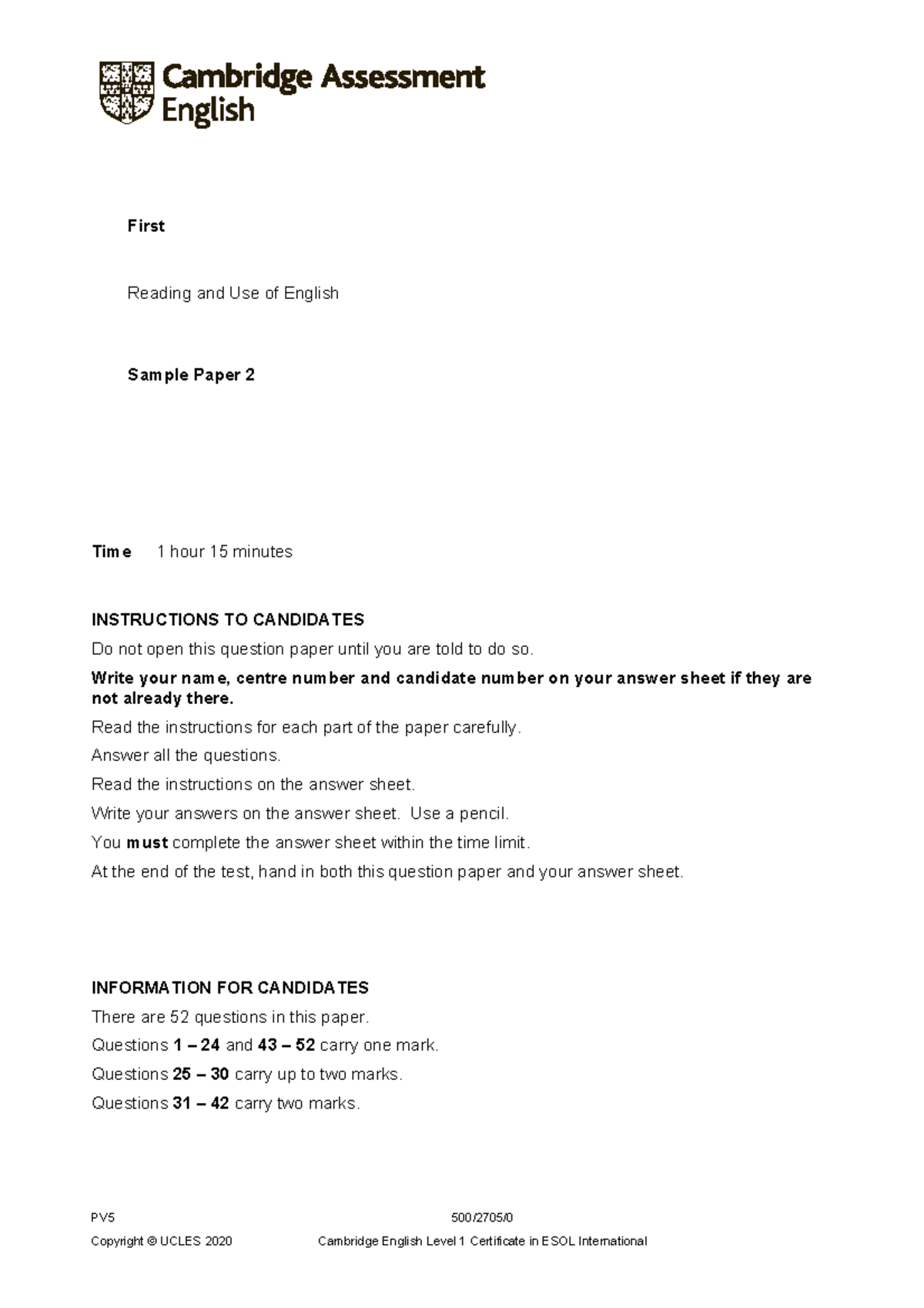 B2 First Reading and Use of English Sample Paper 2 - Practice Test ...