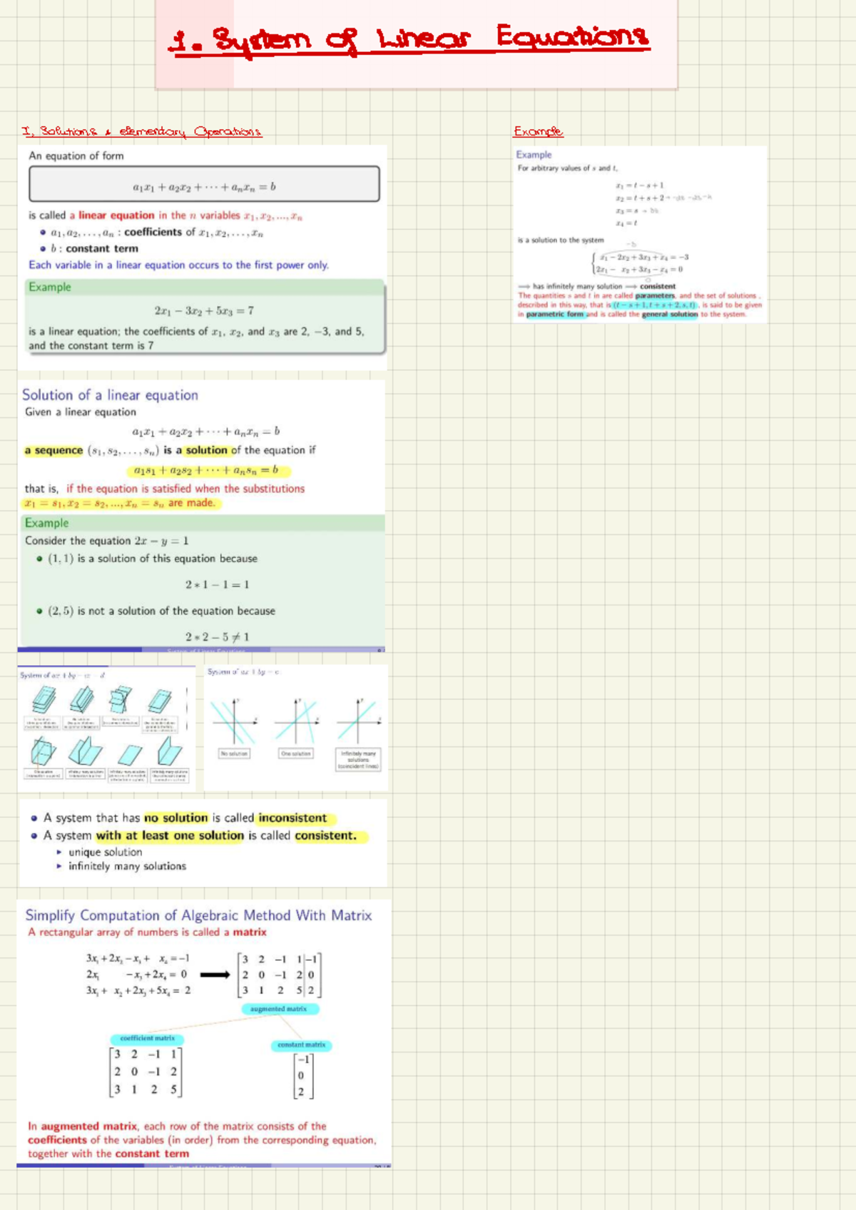 Take-note-LA - summary - Linear Algebra - 1. System of Linear Equations ...