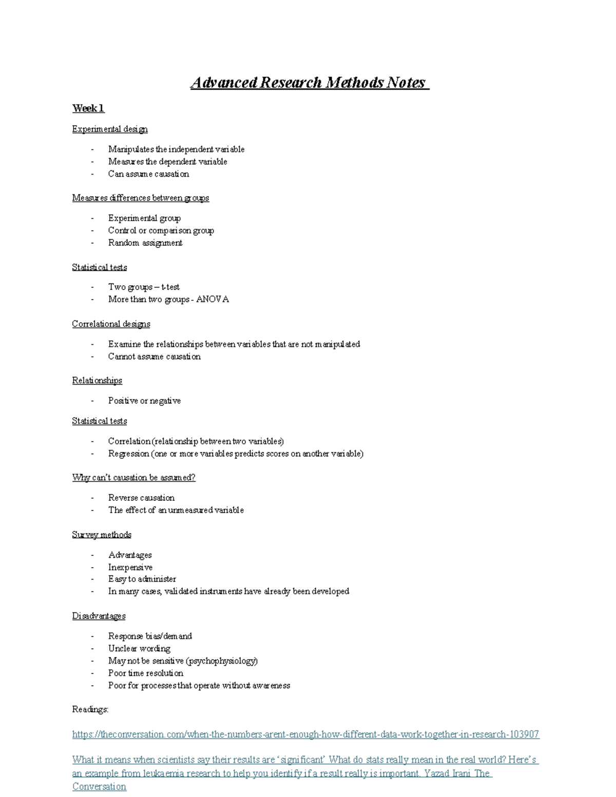 Advanced Research Methods (PSY 301) Notes: Week 1 - Experimental Design ...