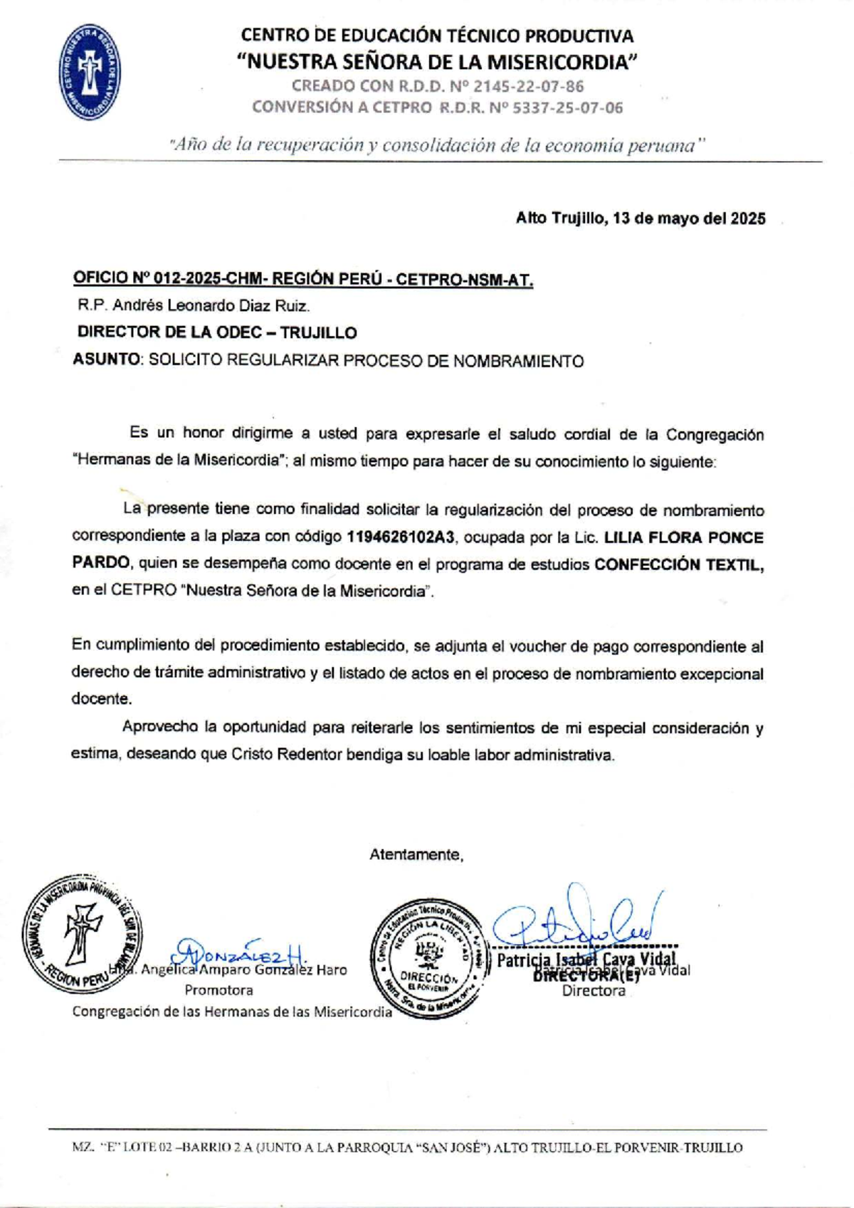 Oficio de Solicitud de Regularización de Nombramiento - CETPRO 1194626102A3 - Studocu