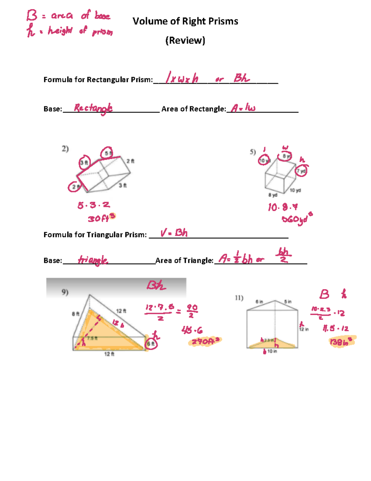 Volume of Right Prisms - Review Guide for Geometry Class - Volume of ...
