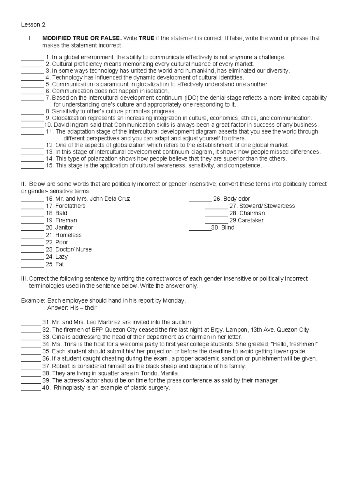 Lesson 2 Quiz: Modified True or False & Gender Sensitivity Terms - Studocu