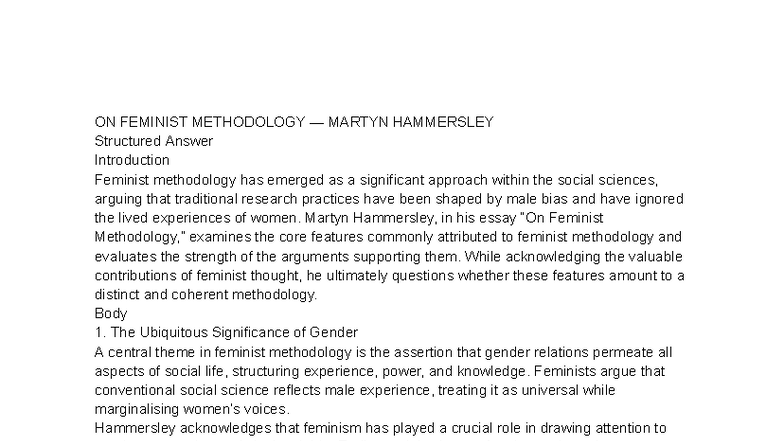 Feminist Methodology Analysis: Insights from Martyn Hammersley - Studocu