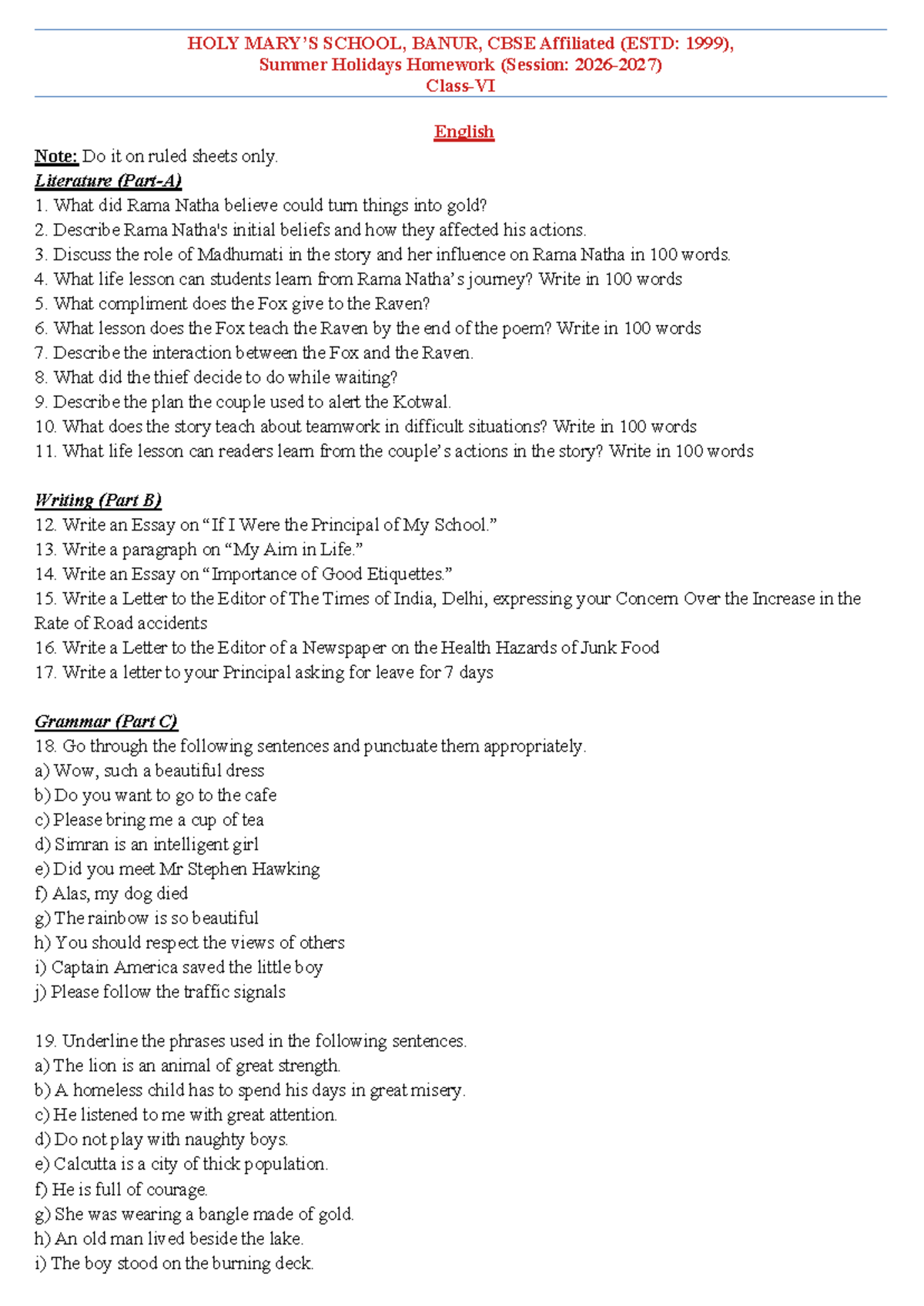 6th Class Holidays Homework 2026-27: English, Hindi, Math, Science ...