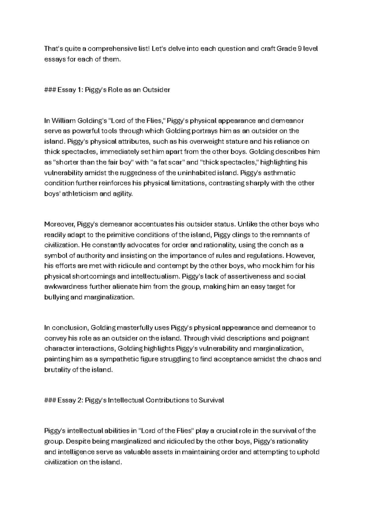 LORD OF THE FLIES Essay Notes for G9: Analyzing Characters and Themes ...