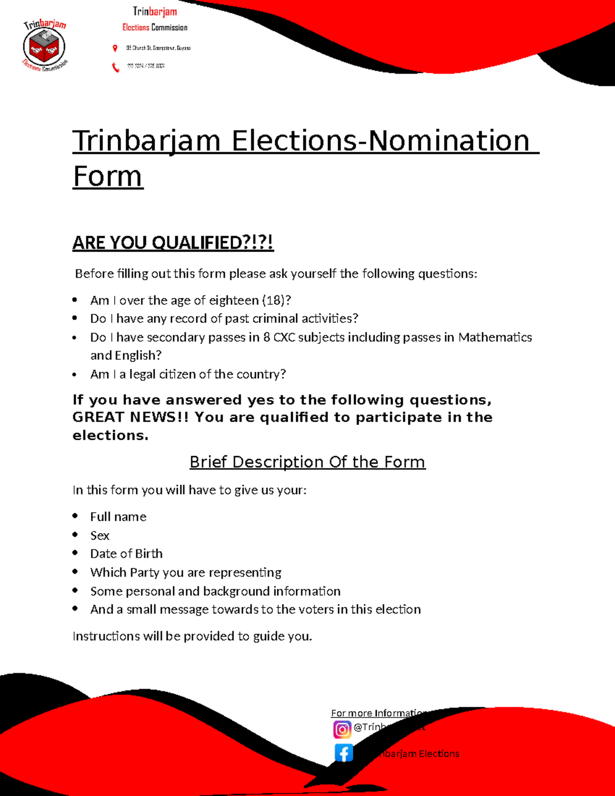 Fillable Form - Trinbarjam Elections-Nomination Form ARE YOU QUALIFIED ...