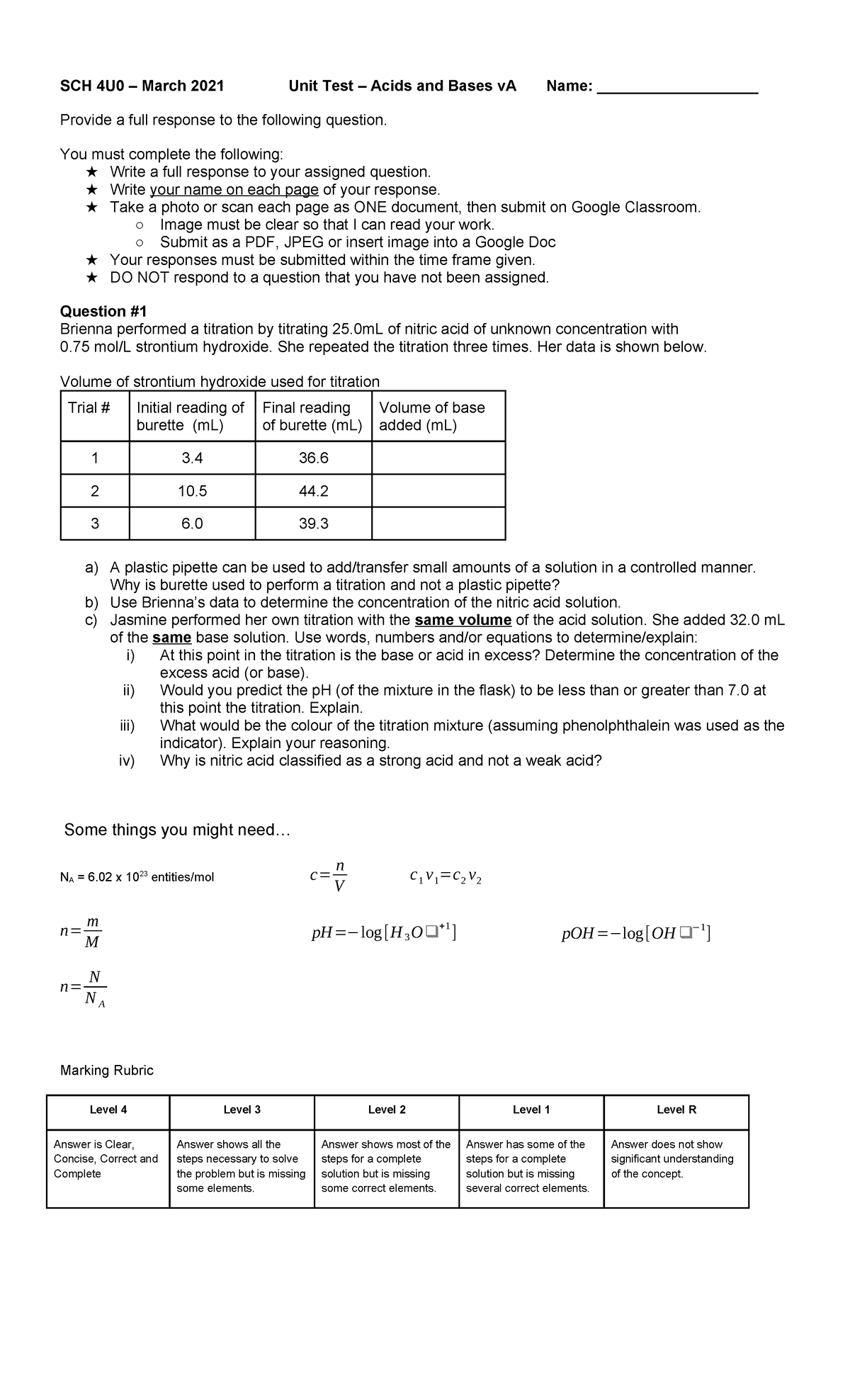 (1) Acids & Bases Test - SCH 4U0 – March 2021 Unit Test – Acids and ...