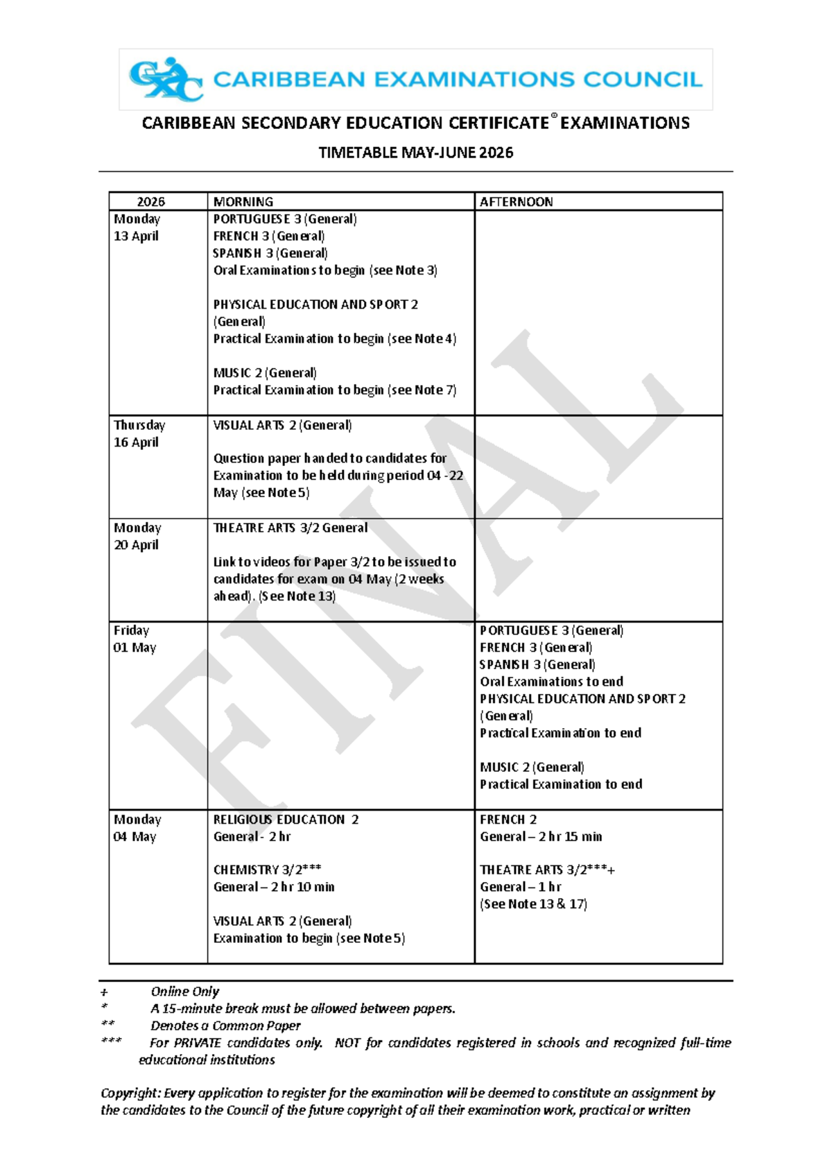 CSEC Timetable 2026: Caribbean Secondary Education Exams - Studocu