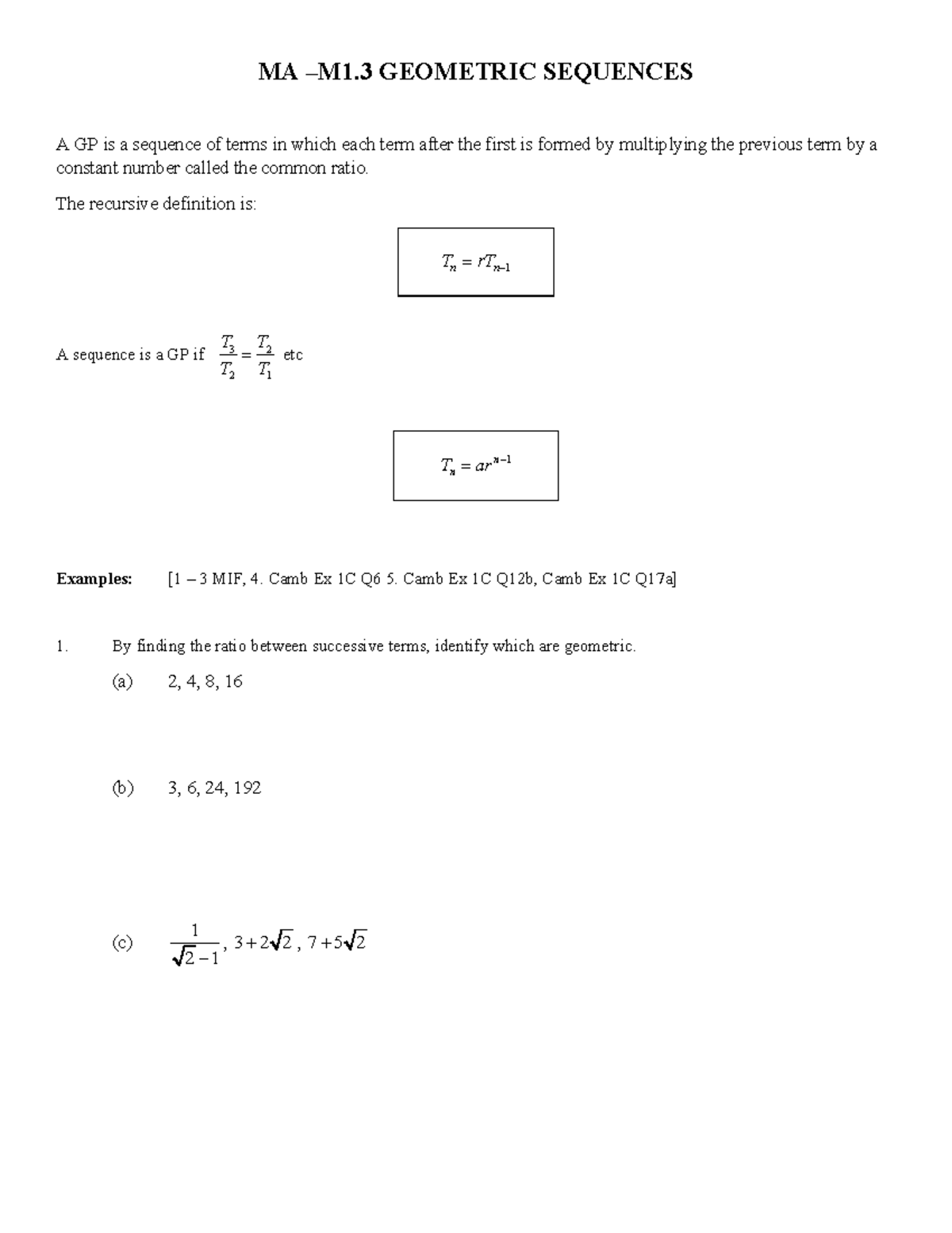MA Geometric Sequences: Understanding the nth Term of a GP - Studocu