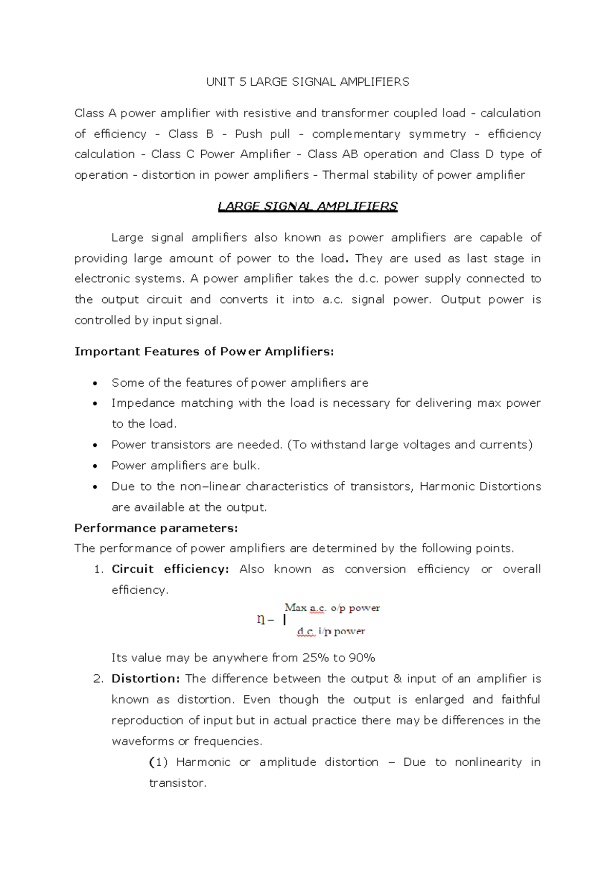 UNIT 5: Large Signal Amplifiers - Class A, B, C, and D Analysis - Studocu