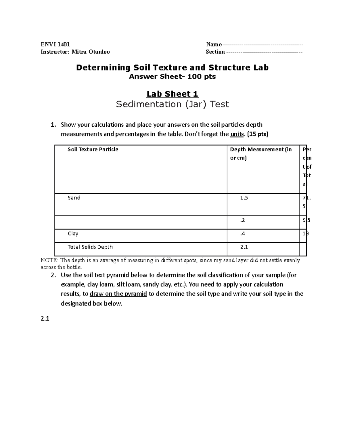 Soil Lab - ENVI 1401 Answer Sheet for Texture and Structure - Studocu