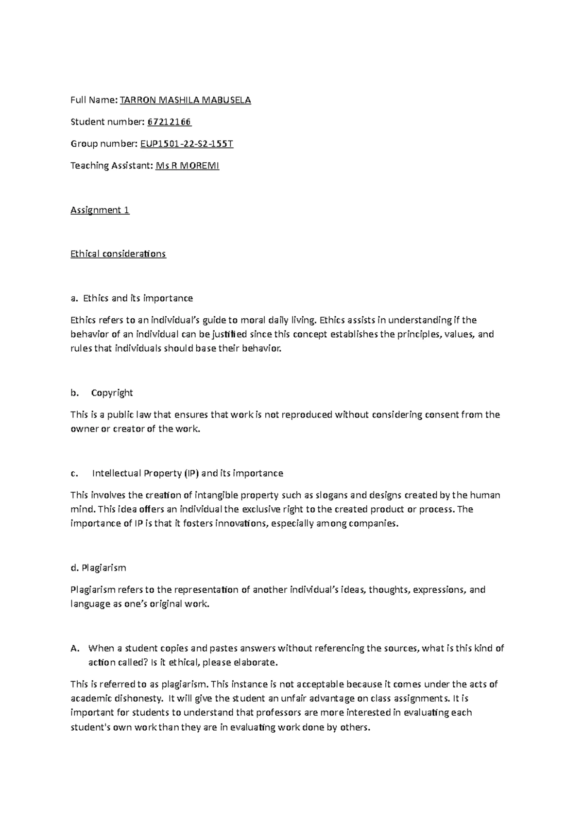 EUP1501 Assignment 1 - Full Name: Unarine Emanuel Muhali Student Number: 64599450 Grouping ...