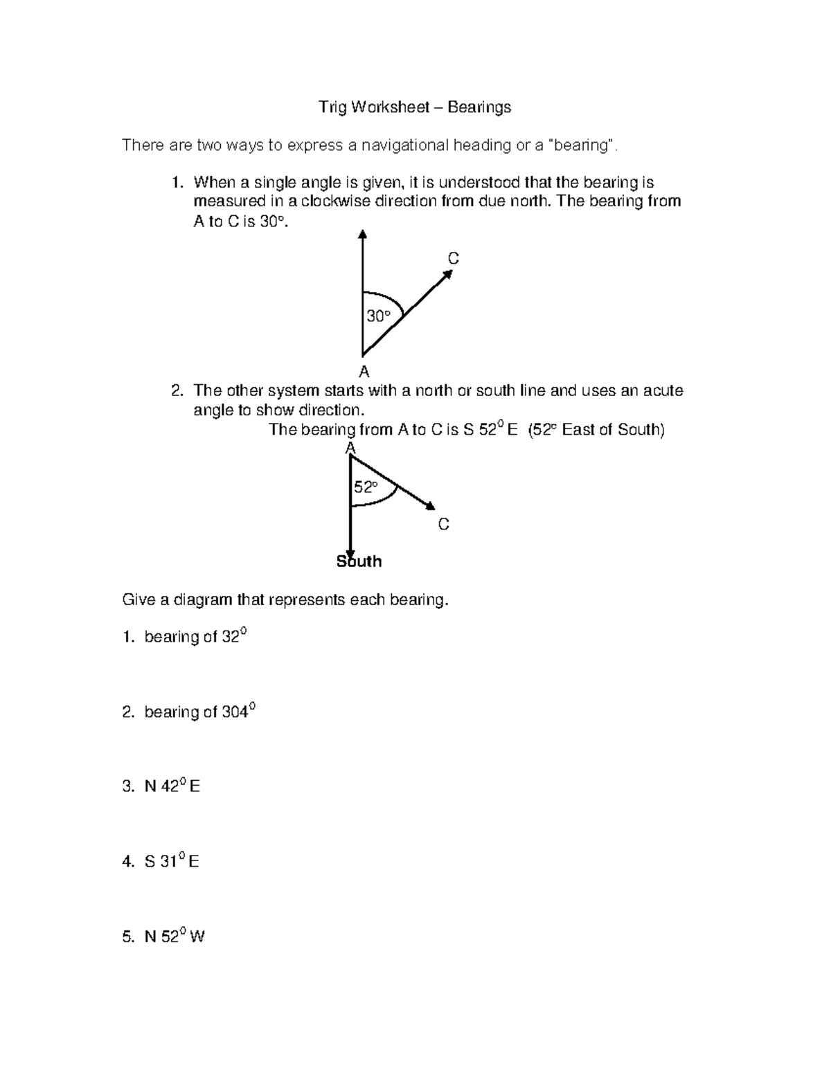 Trig Worksheet: Understanding Bearings and Navigation - Studocu