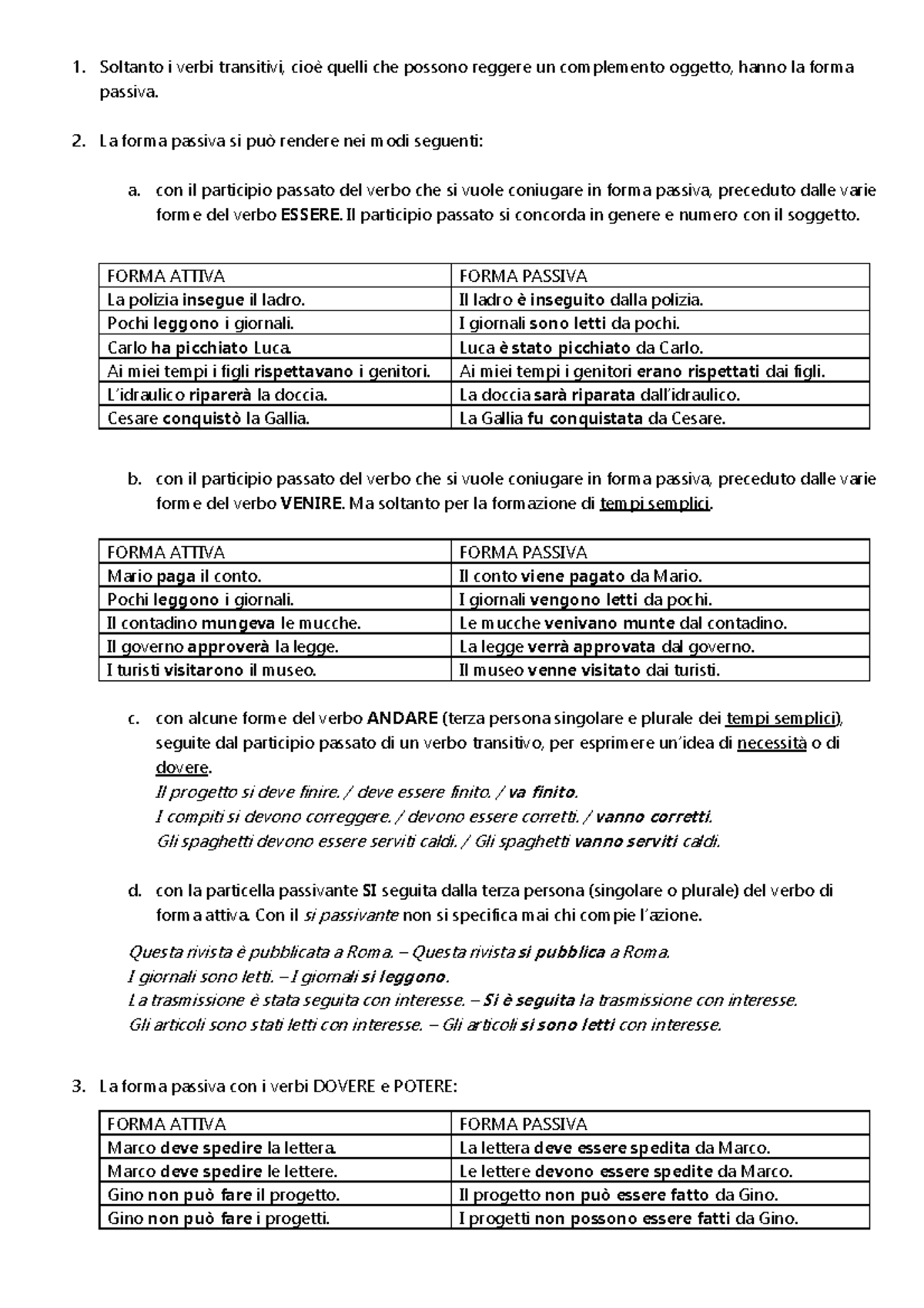 Forma Passiva: Appunti e Esercizi con Esempi Pratici - Studocu