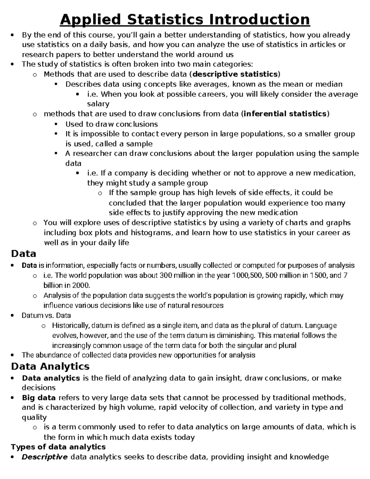 MAT Module 1 Notes - Applied Statistics Introduction By the end of this ...