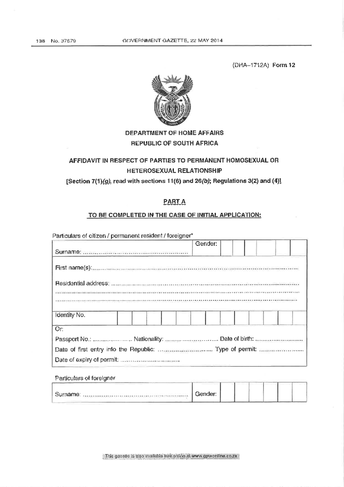 Affidavit for Permanent Relationship - Form 12 (Gov Gazette 37679 ...