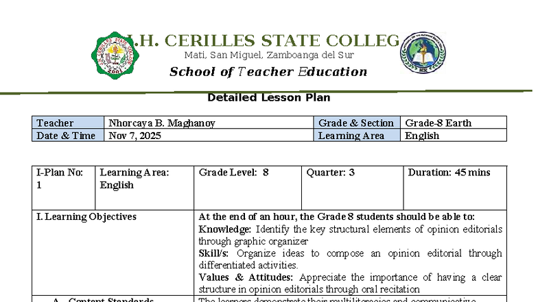 Detailed Lesson Plan on Opinion Editorials for Grade 8 (ENG 8) - Studocu