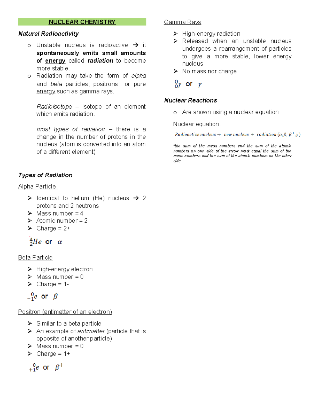 Nuclear Chemistry Review: Key Concepts and Radiation Types - Studocu