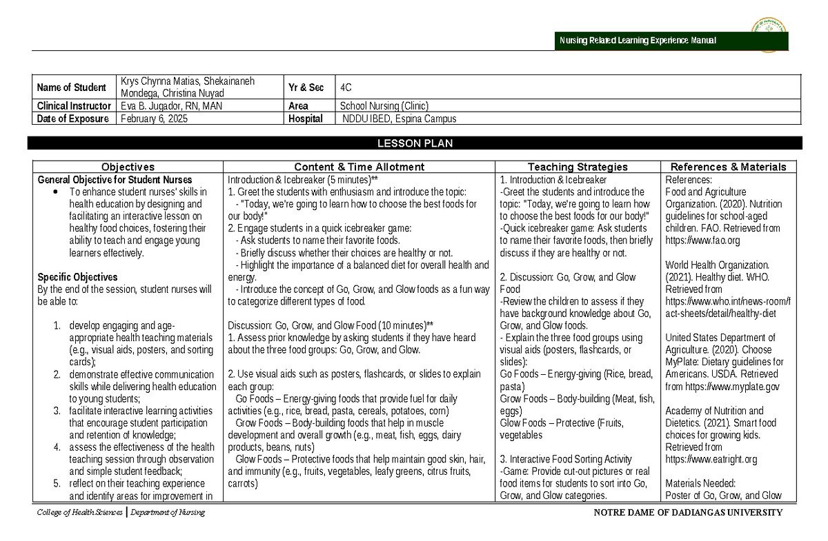 Food Sorting Lesson Plan - Name of Student Krys Chynna Matias ...