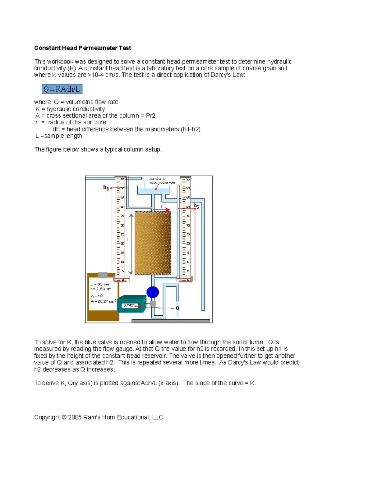 Constant Head Permeameter Test Workbook for K Determination - Studocu