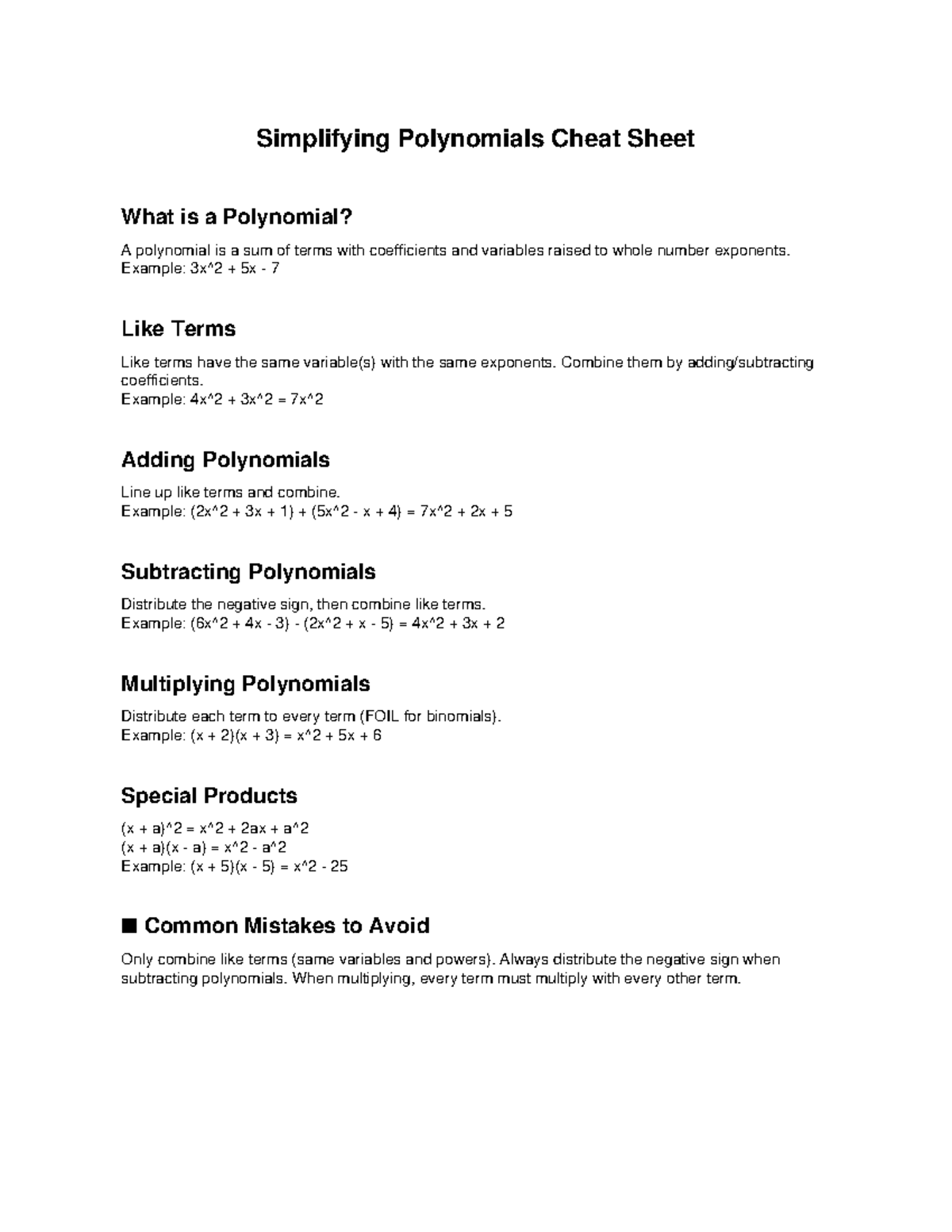 MATH101: Simplifying Polynomials Cheat Sheet & Practice Guide - Studocu