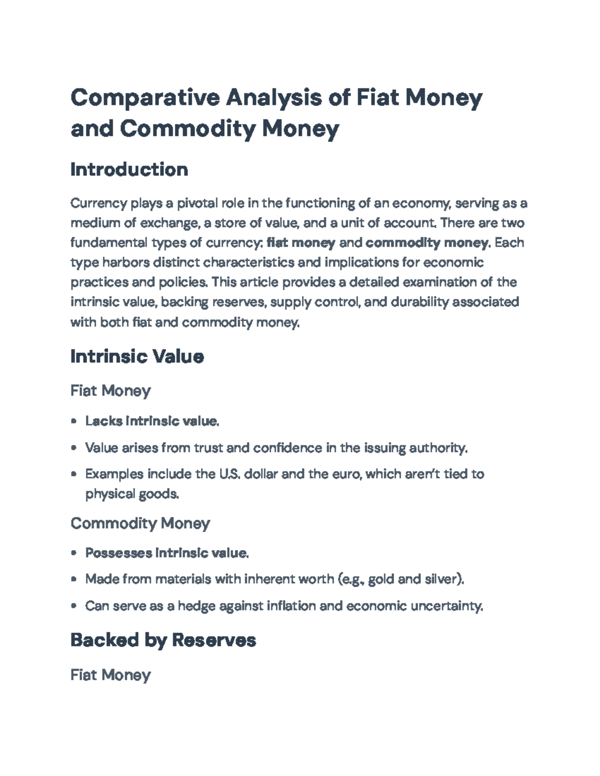 Comparative Analysis of Fiat and Commodity Money in Economics ...
