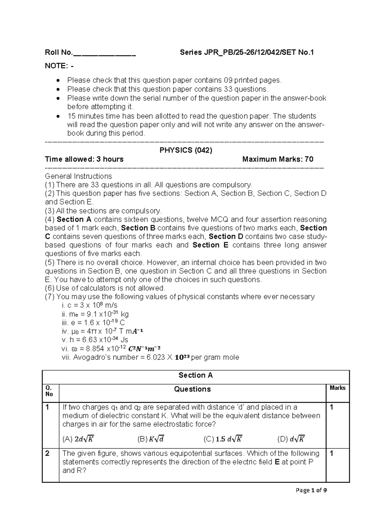 Physics Question Paper (042) - Roll Series No.1 - Studocu