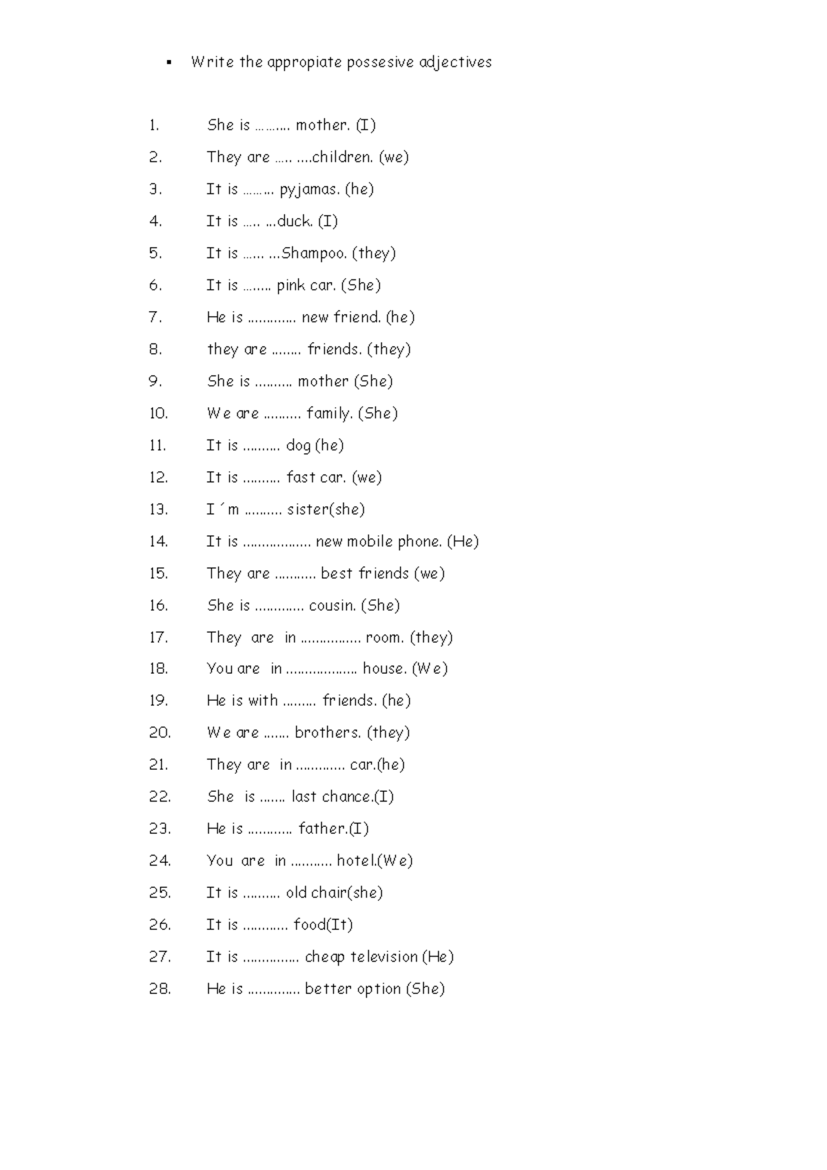 Possessive Adjectives Practice Exercises - Studocu