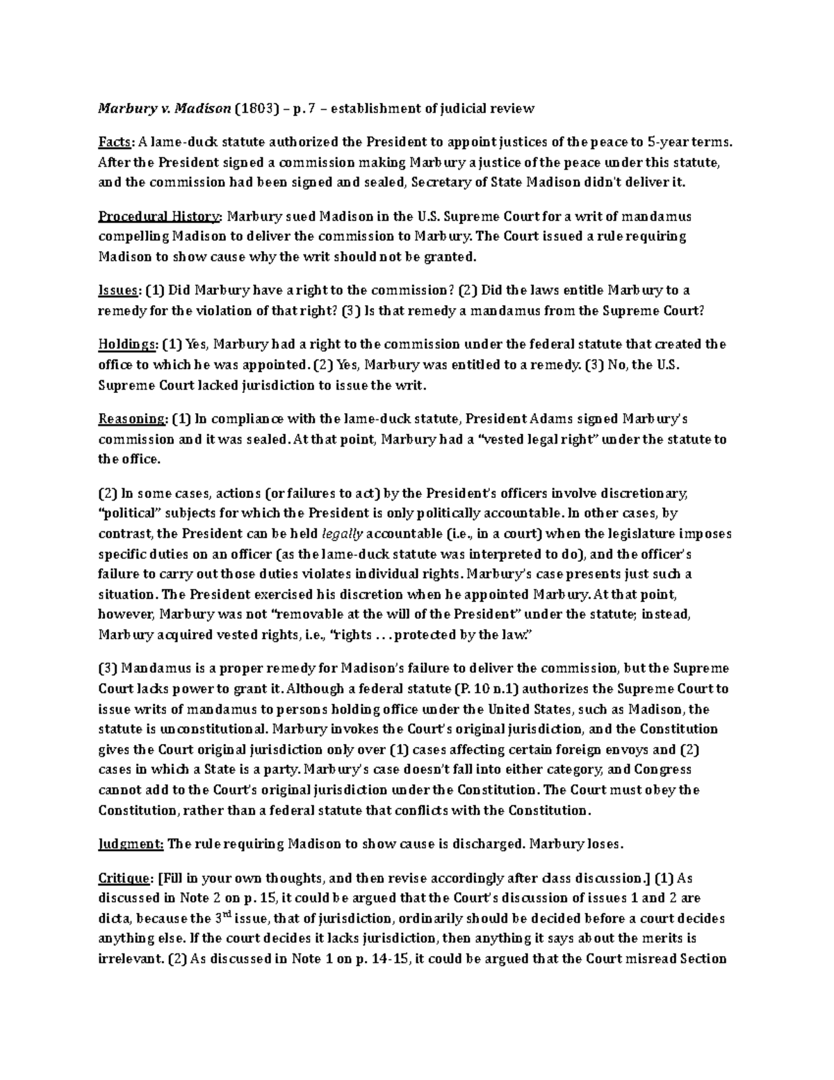 Marbury v. Madison (1803) Case Brief: Judicial Review Explained - Studocu