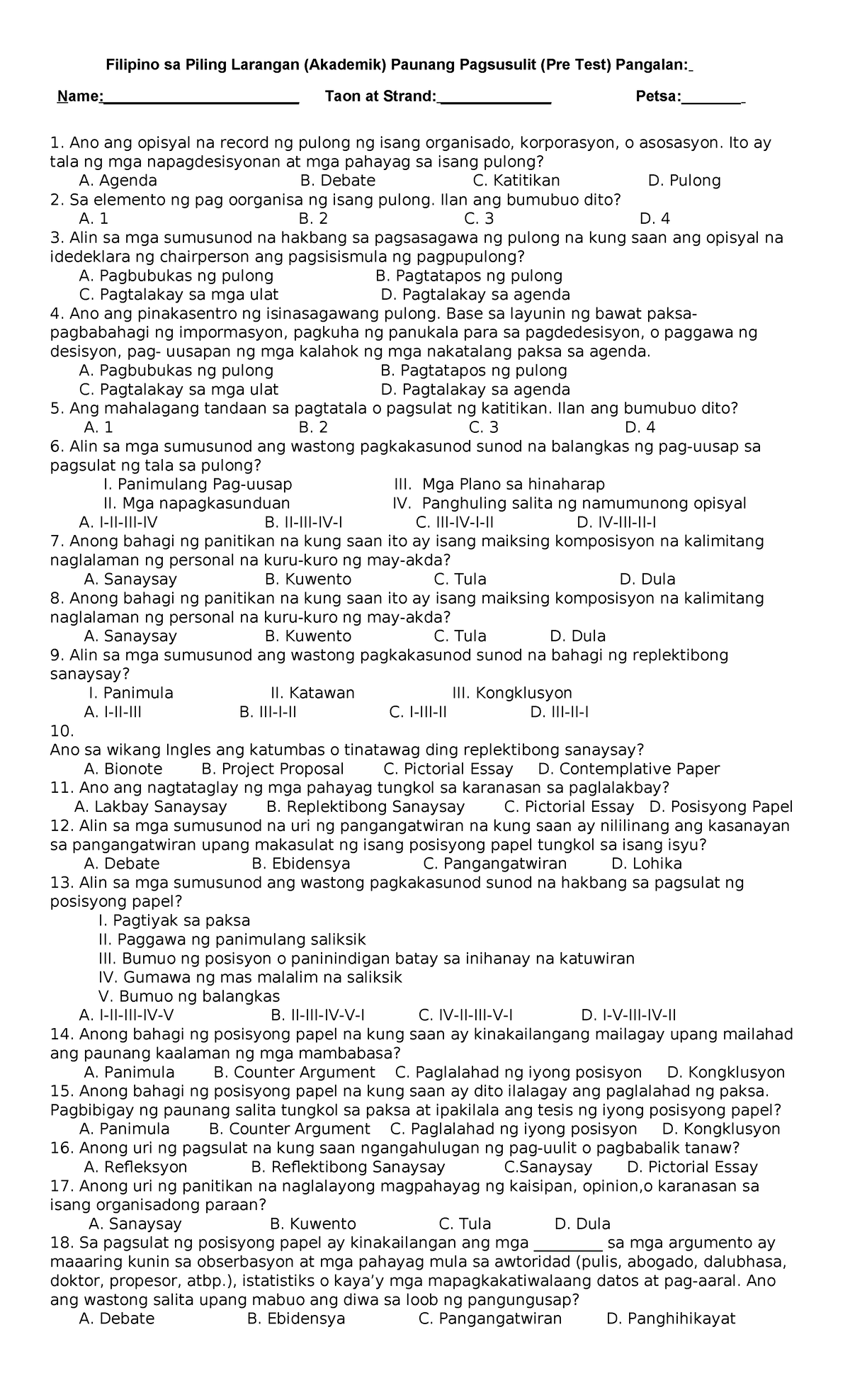 Filipino sa Piling Larangan (Akademik) Paunang Pagsusulit (P - Ito ay ...