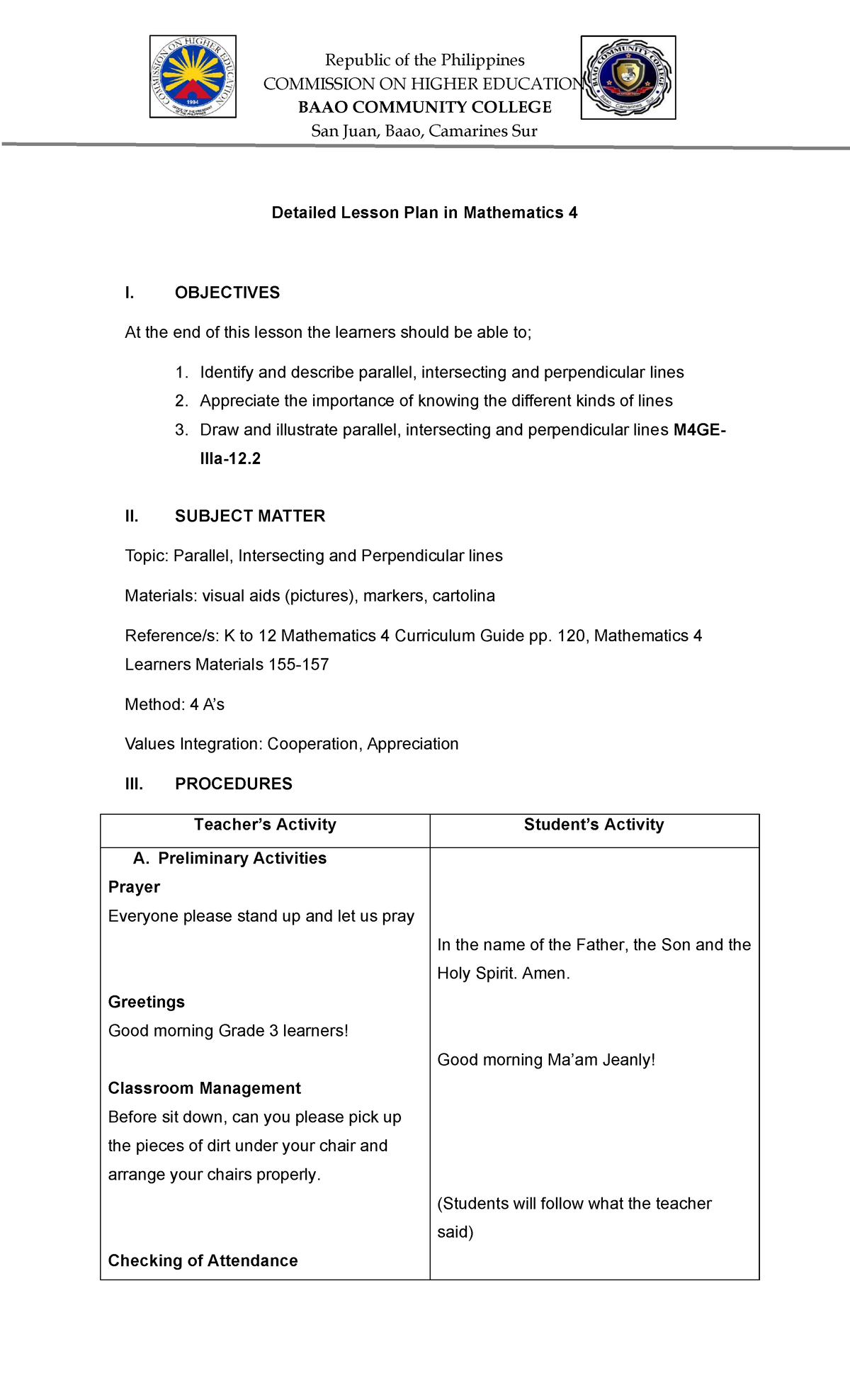 Math 4 Detailed Lesson Plan: Parallel, Intersecting & Perpendicular ...