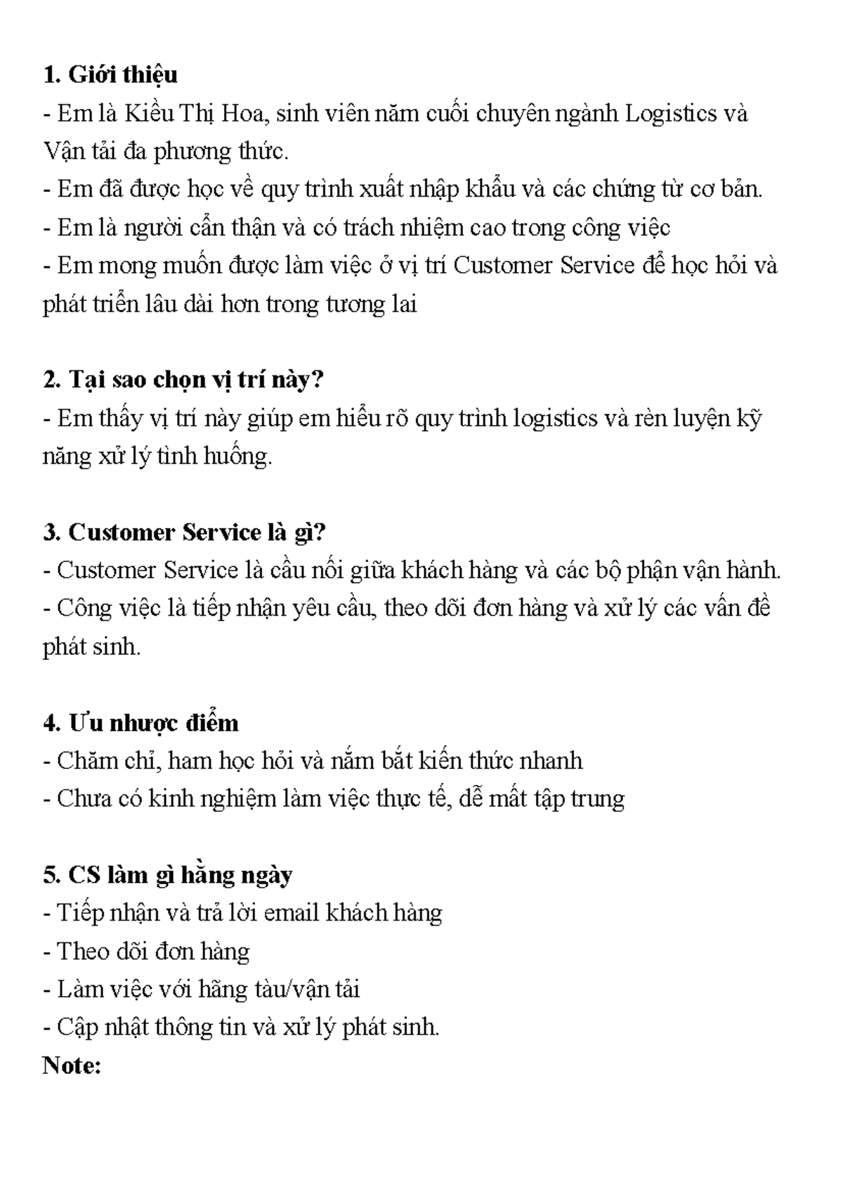 Interview Preparation for Customer Service Position - Logistics (LOG101 ...