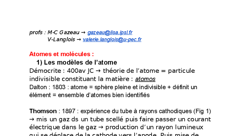 Cours 1 : Modèles Atomiques de Démocrite à Bohr - Studocu