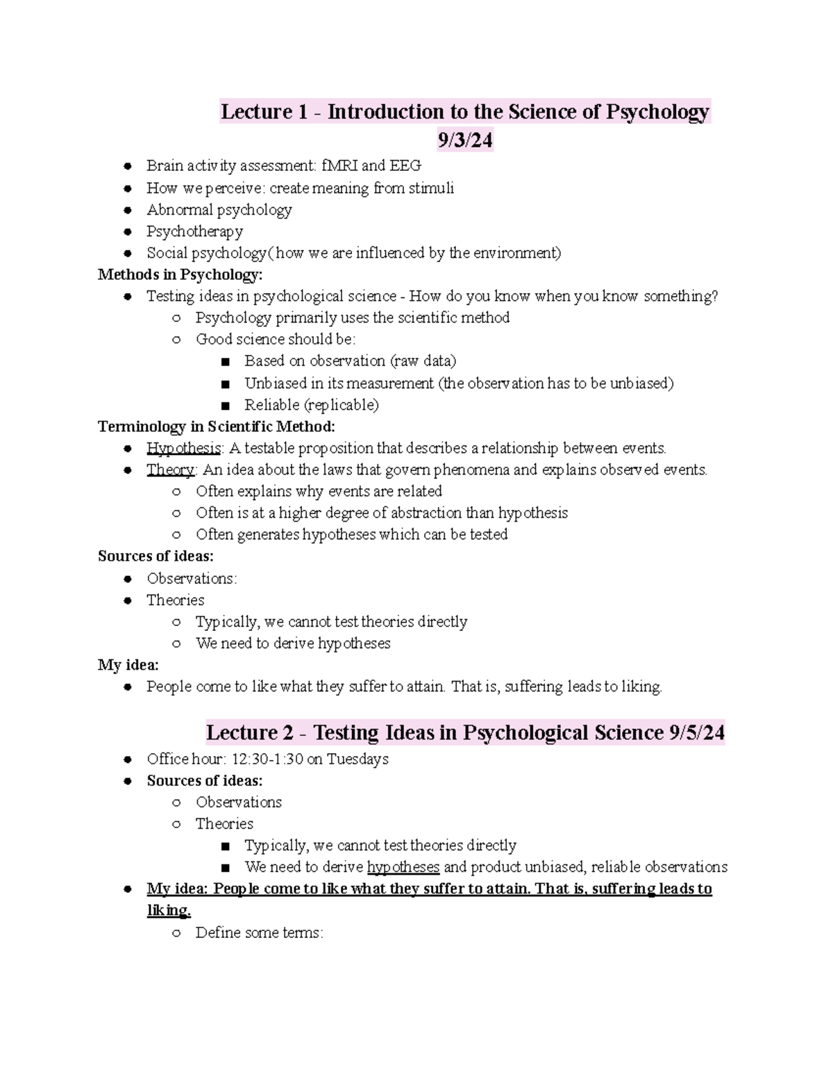 PSY101 Lecture Notes: Introduction to Psychology Concepts and Theories ...
