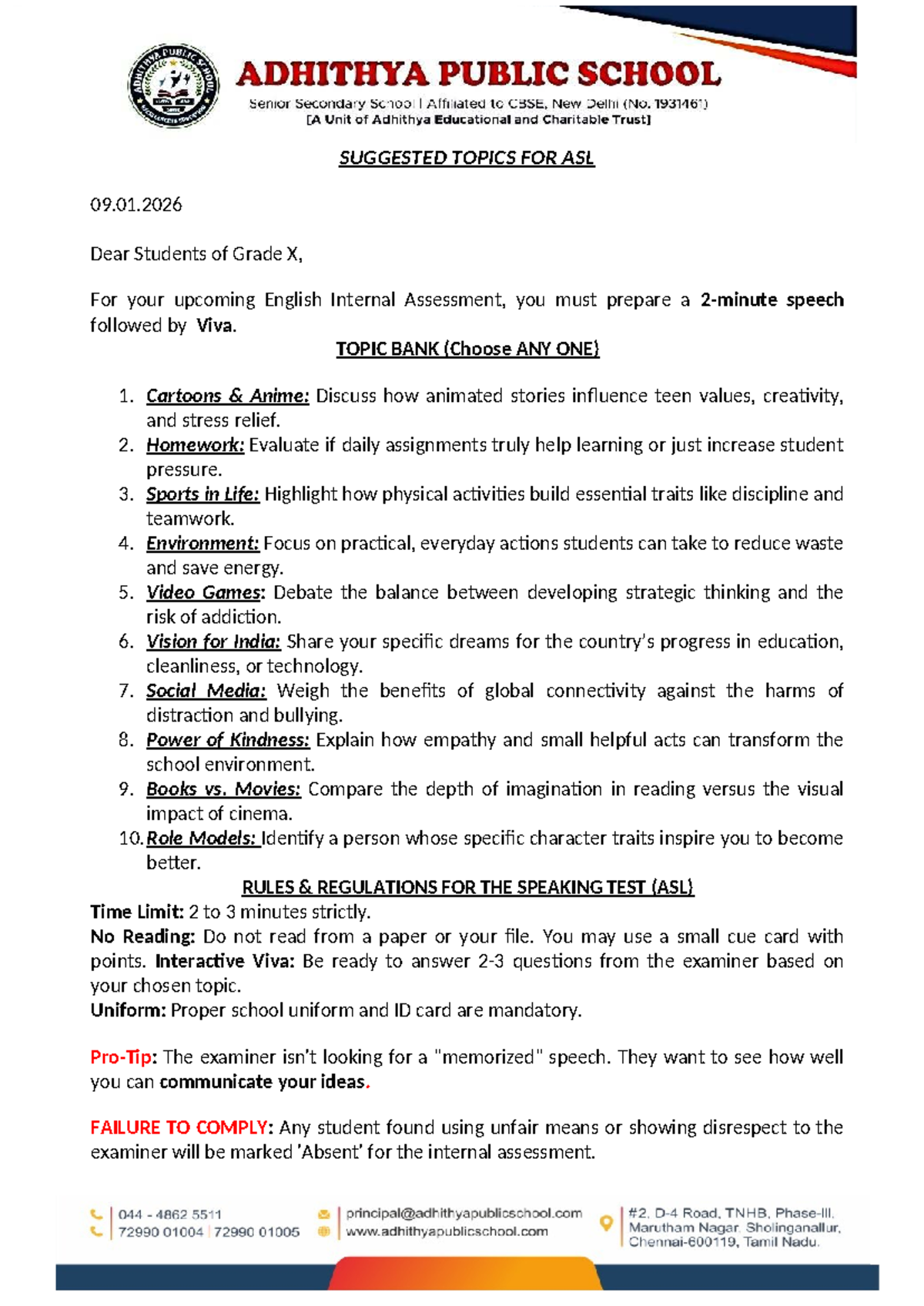 ASL 09 - Suggested Topics for Grade X Speech Assessment - Studocu