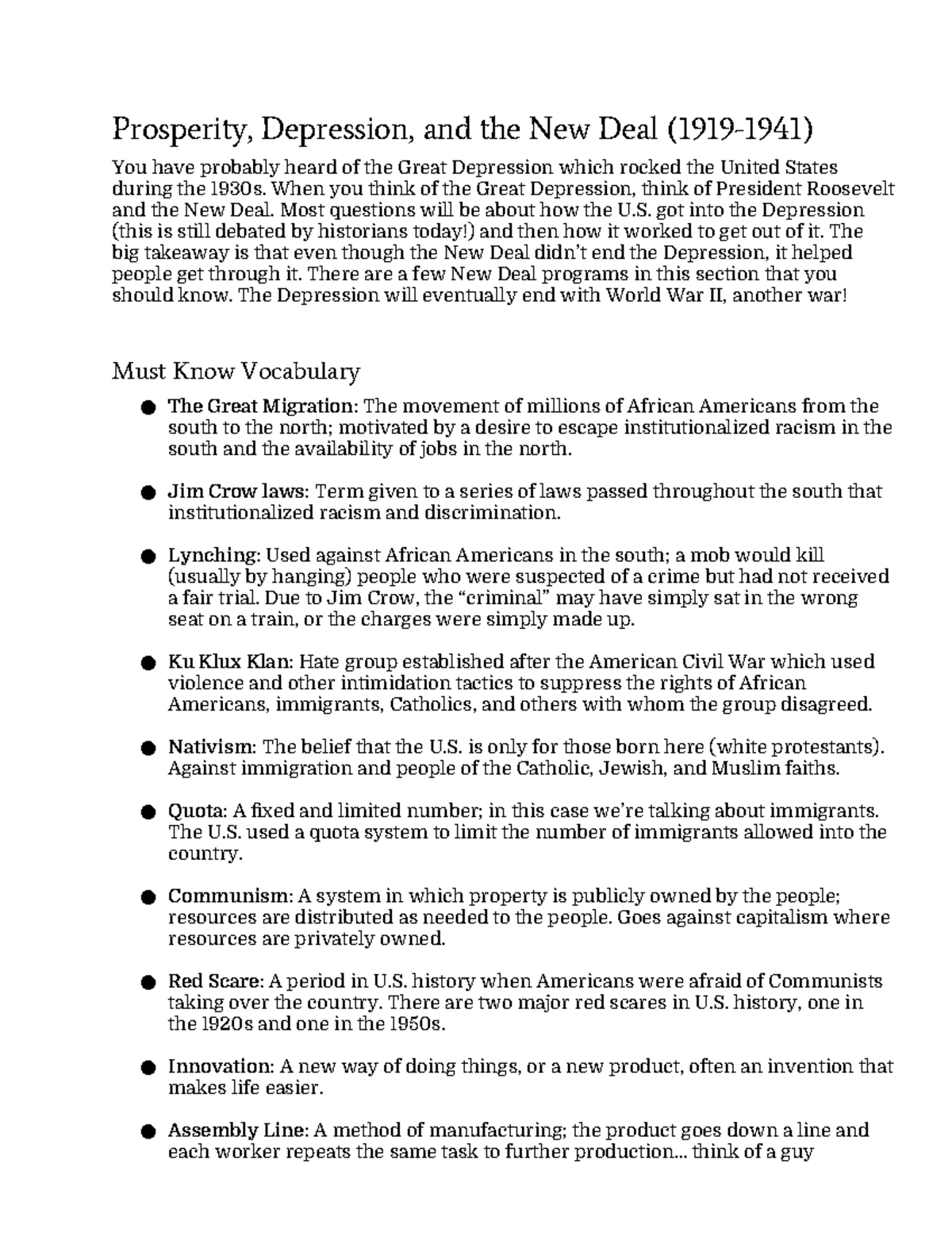 The Great Depression and the New Deal: Key Concepts (1919-1941) - Studocu