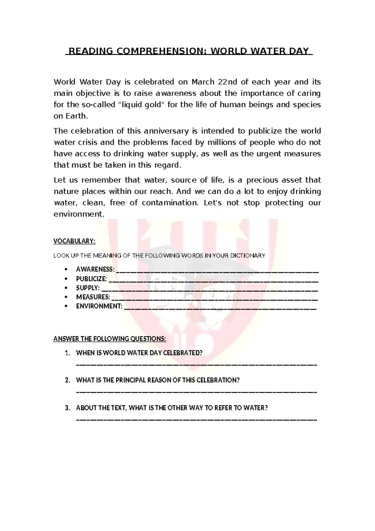 World Water Day Reading Comprehension Activities and Vocabulary - Studocu