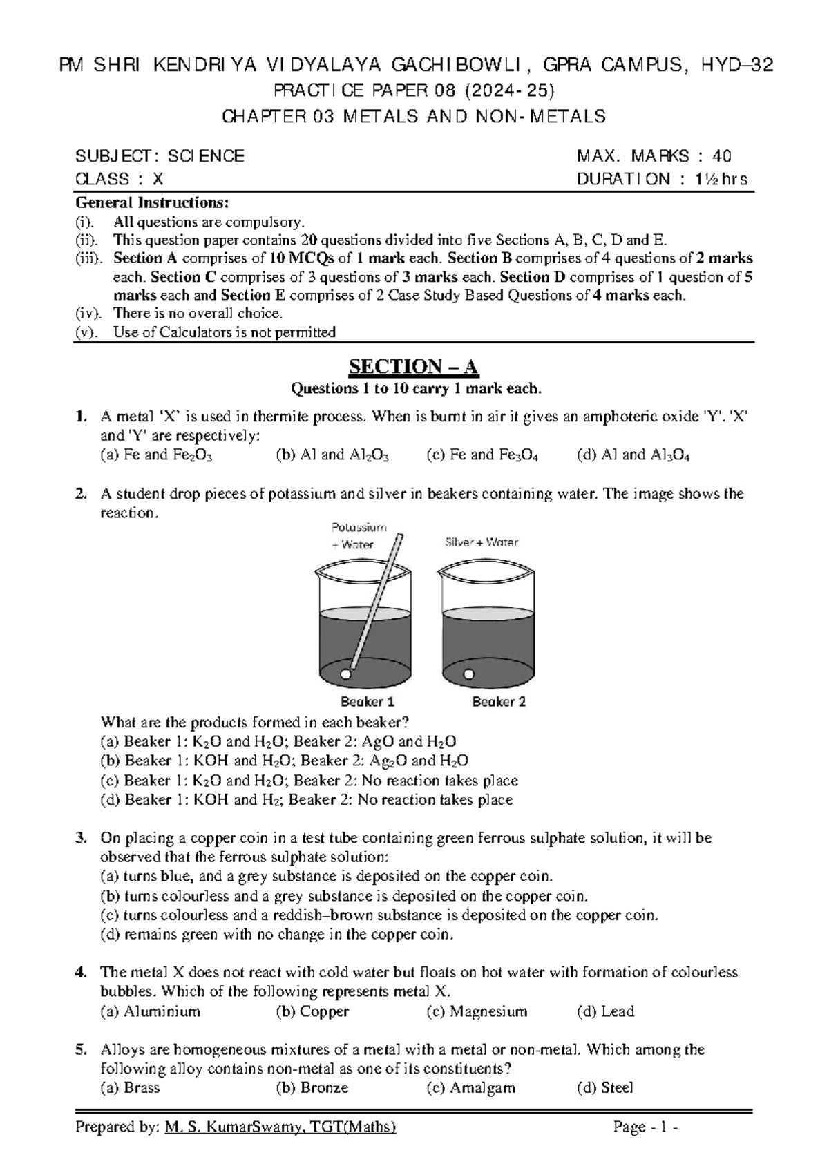 Science Class X Chapter 03 Metals & Non-Metals Practice Paper 08 2024 ...