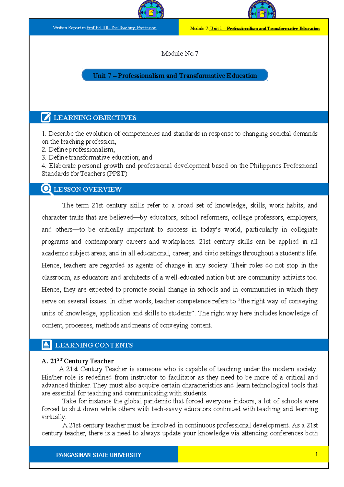 Prof.Ed.101 - Lesson 7: Professionalism & Transformative Education - Studocu