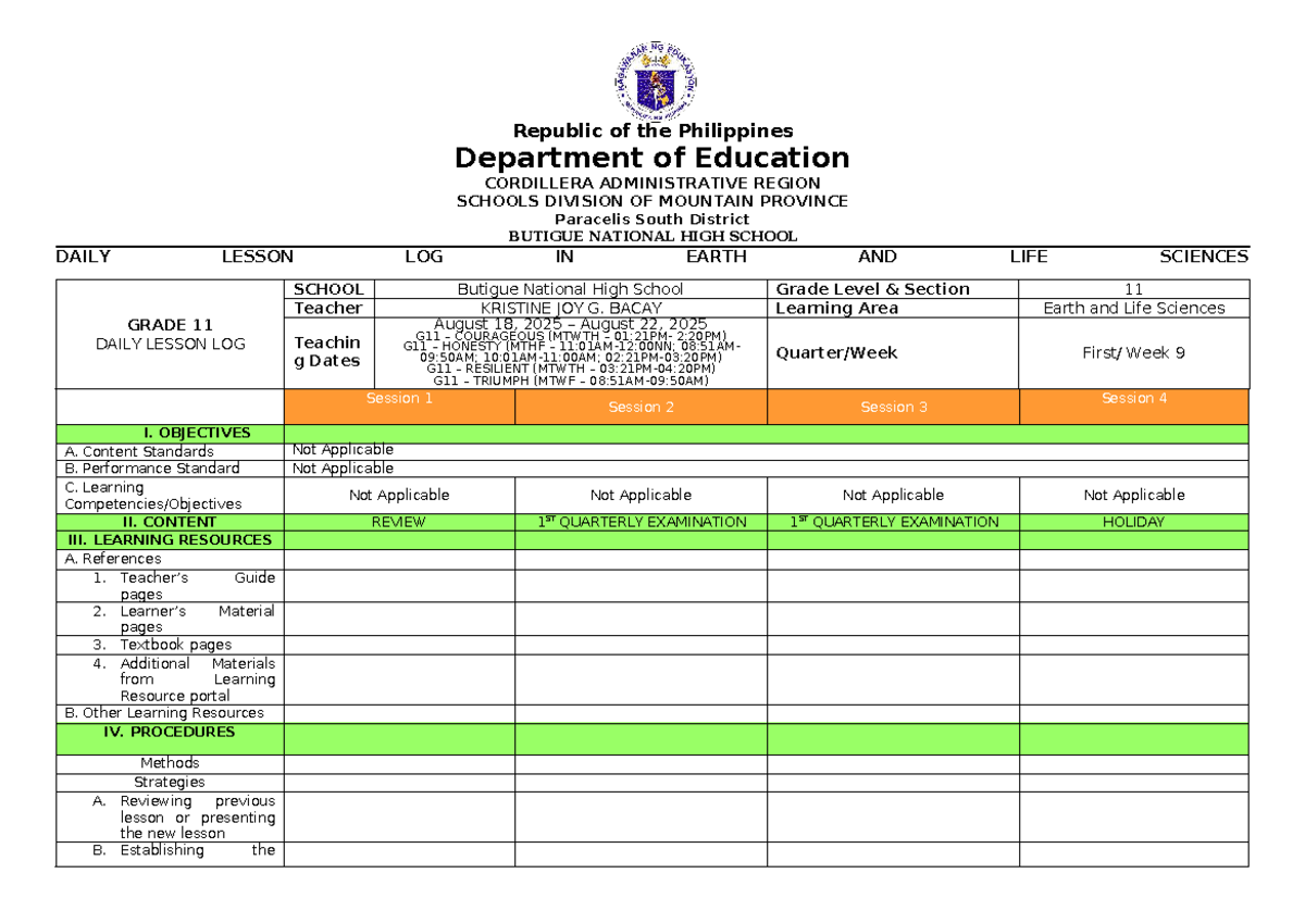 G11 Earth and Life Sciences Daily Lesson Log - Week 9 (2025-2026) - Studocu