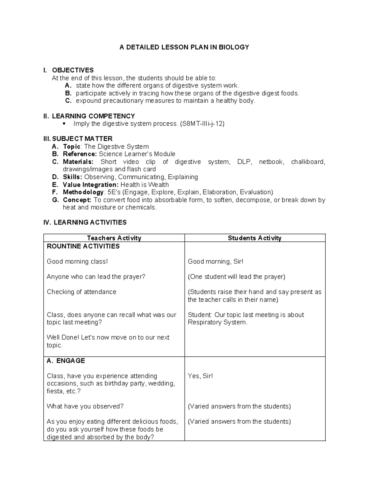 Detailed Lesson Plan in Biology: The Digestive System (S8MT-IIIi-j-12 ...