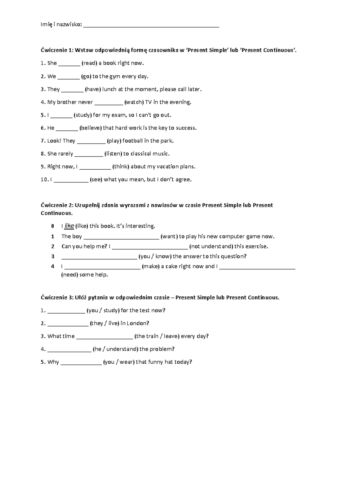 Kartkówka: Present Simple vs Present Continuous z ćwiczeniami - Studocu