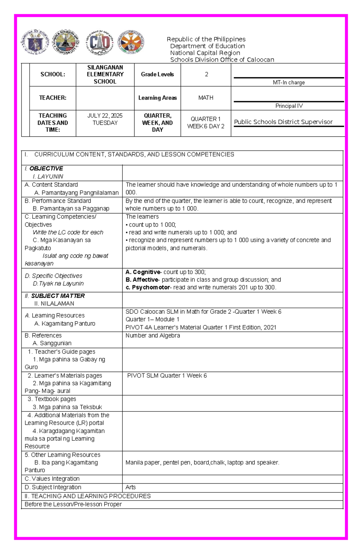 MATH DLP Q1 W6 D2 - Sample Lesson Plan for Grade 2 Mathematics - Studocu