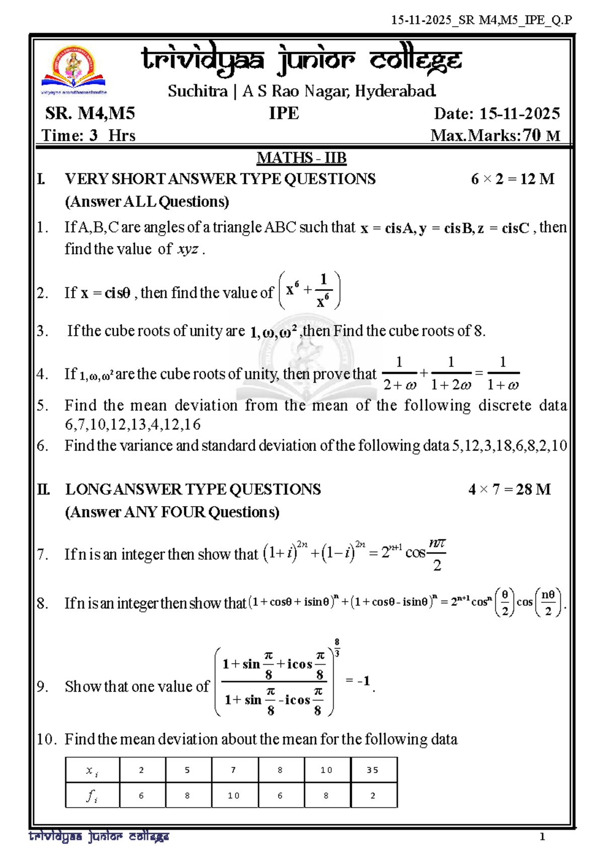 M4,M5 IPE Question Paper - Trividyaa Junior College - Studocu