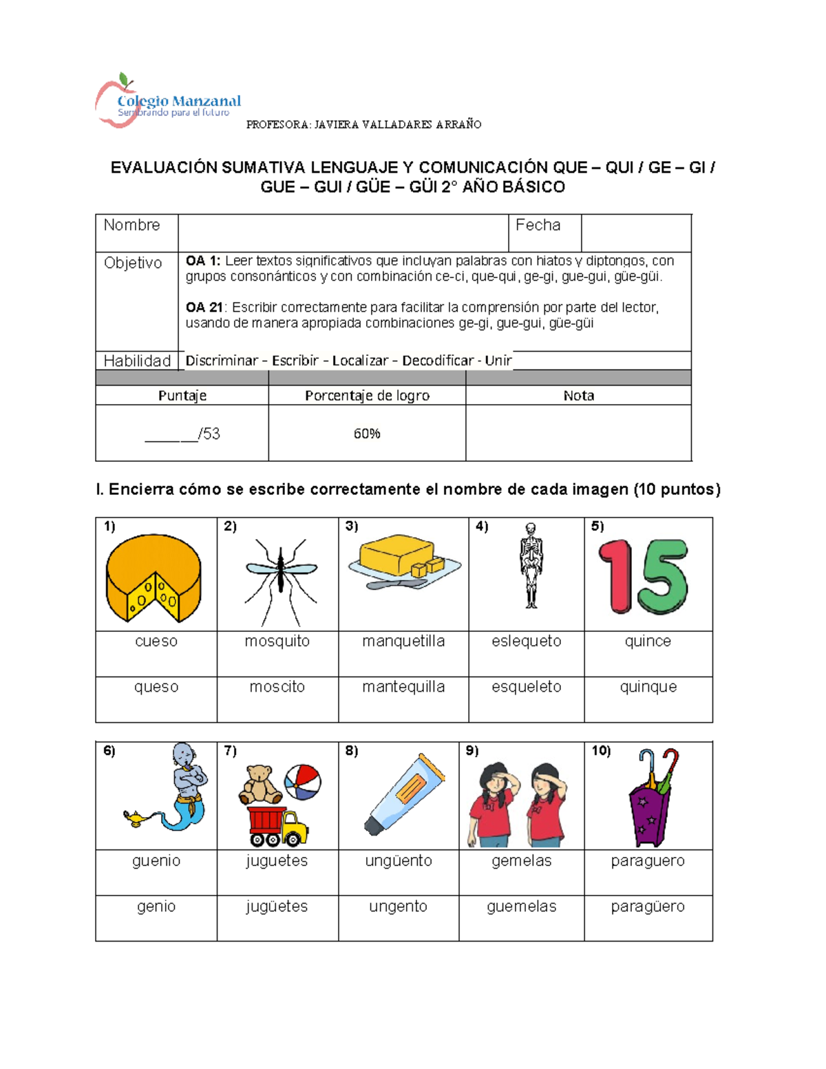 Evaluación Sumativa: Combinaciones Ge-Gi, Gue-Gui, Güe-Güi - 2° Básico ...