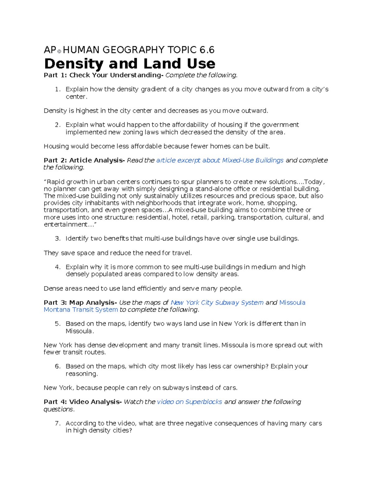APHG Topic 6.6: Density, Land Use, and Urban Planning Insights - Studocu