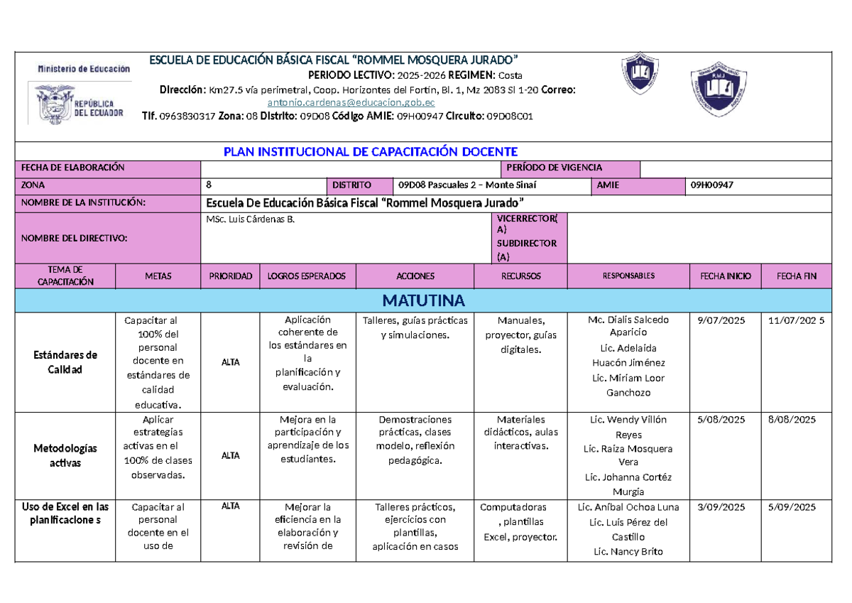 PLAN DE CAPACITACIÓN DOCENTE 2025 - ESCUELA FISCAL 09H00947 - Studocu
